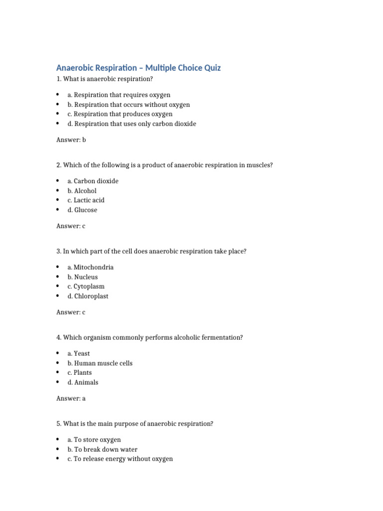 Anaerobic Respiration Quiz Questions | PDF