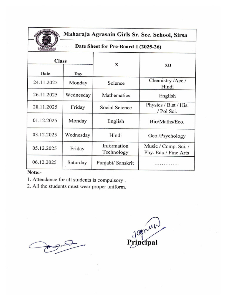 Date Sheet Pre-Board - I (2025-26) | PDF