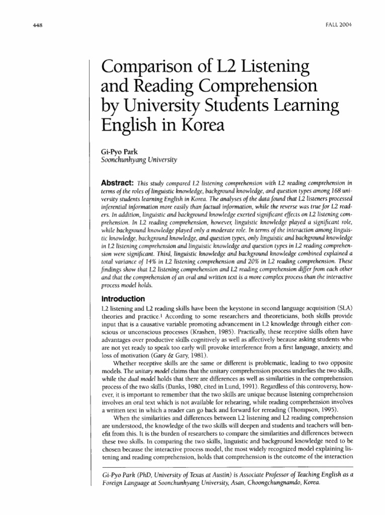 Comparison of L2 Listening and Reading Comprehension | PDF | Reading Comprehension | English As ...