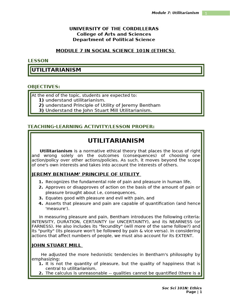 Soc Sci 101n Module 7 | PDF | Utilitarianism | Pleasure