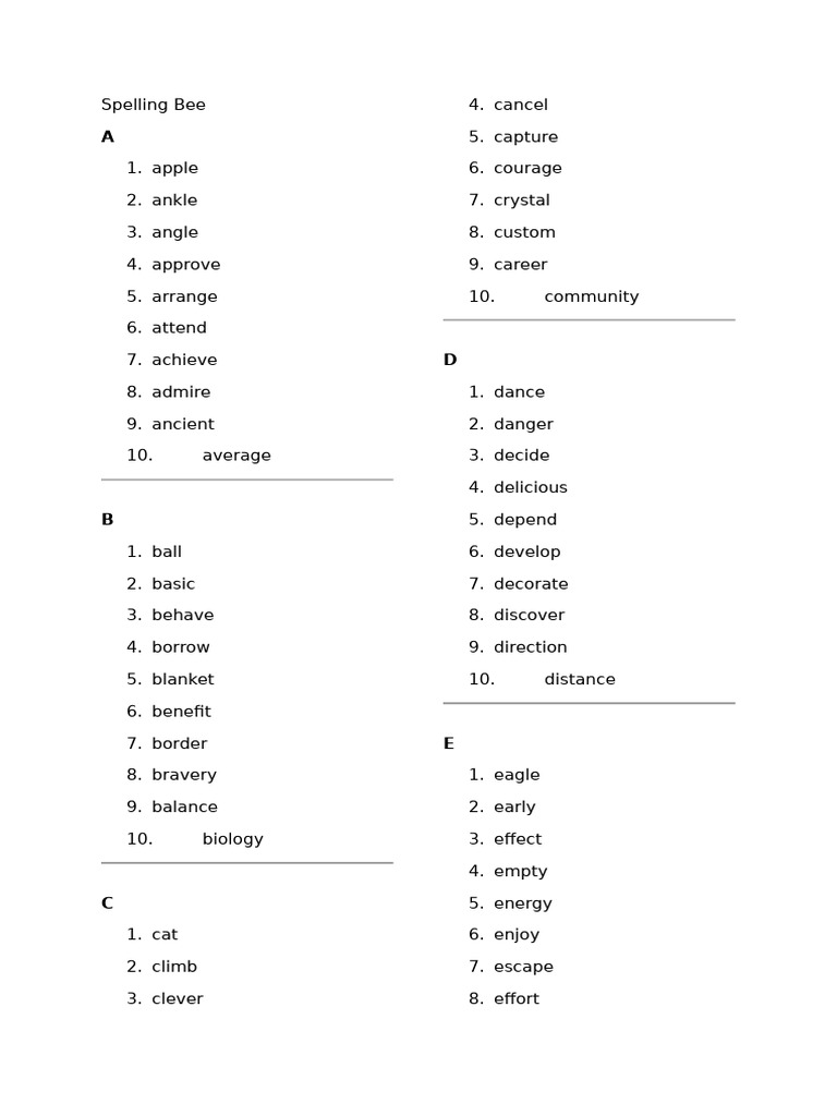 Spelling Bee Word List A-Z | PDF