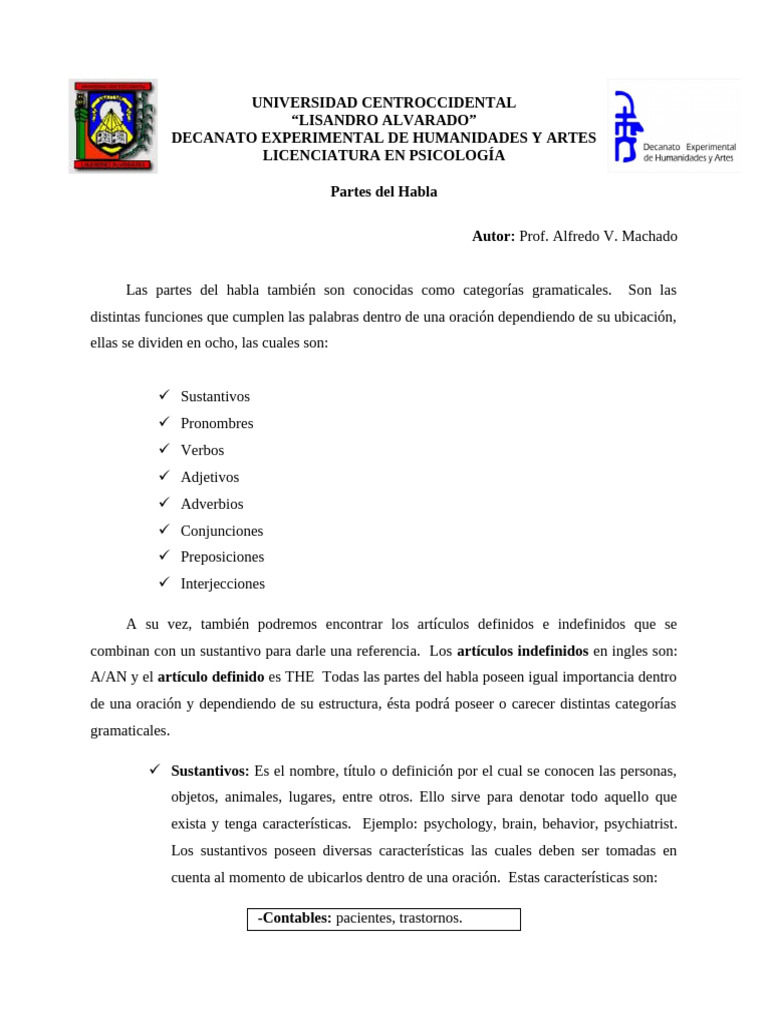 2 Clase Partes Del Habla | PDF | Verbo | Parte del discurso