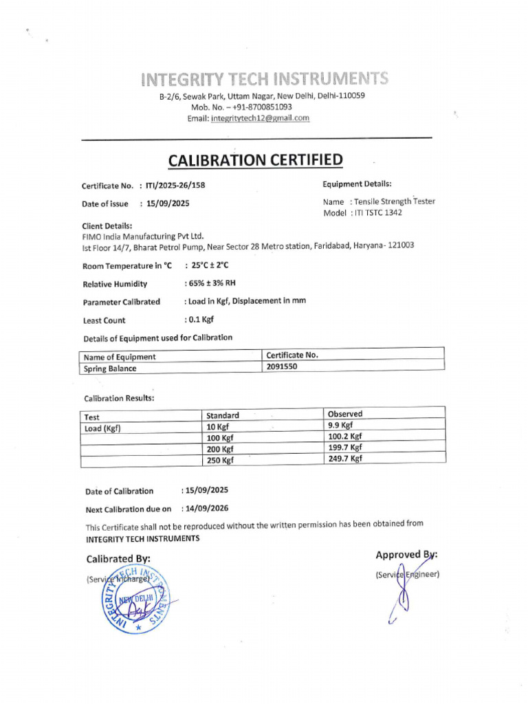 Tensile Strength Testing Machine Certificate | PDF