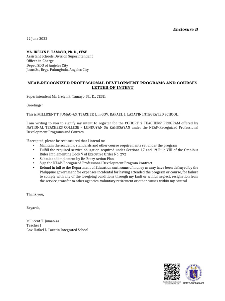 Enclosure B Letter of Intent | PDF
