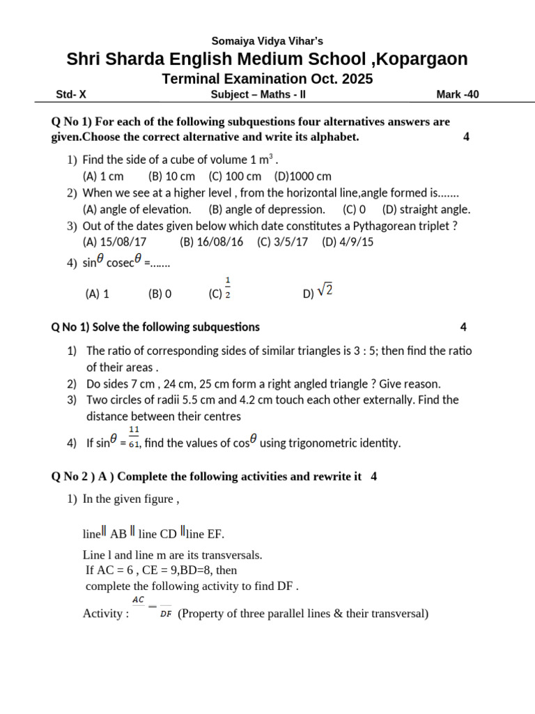 Terminal Exam 2025 STD X (1) Math - II | PDF | Circle | Area