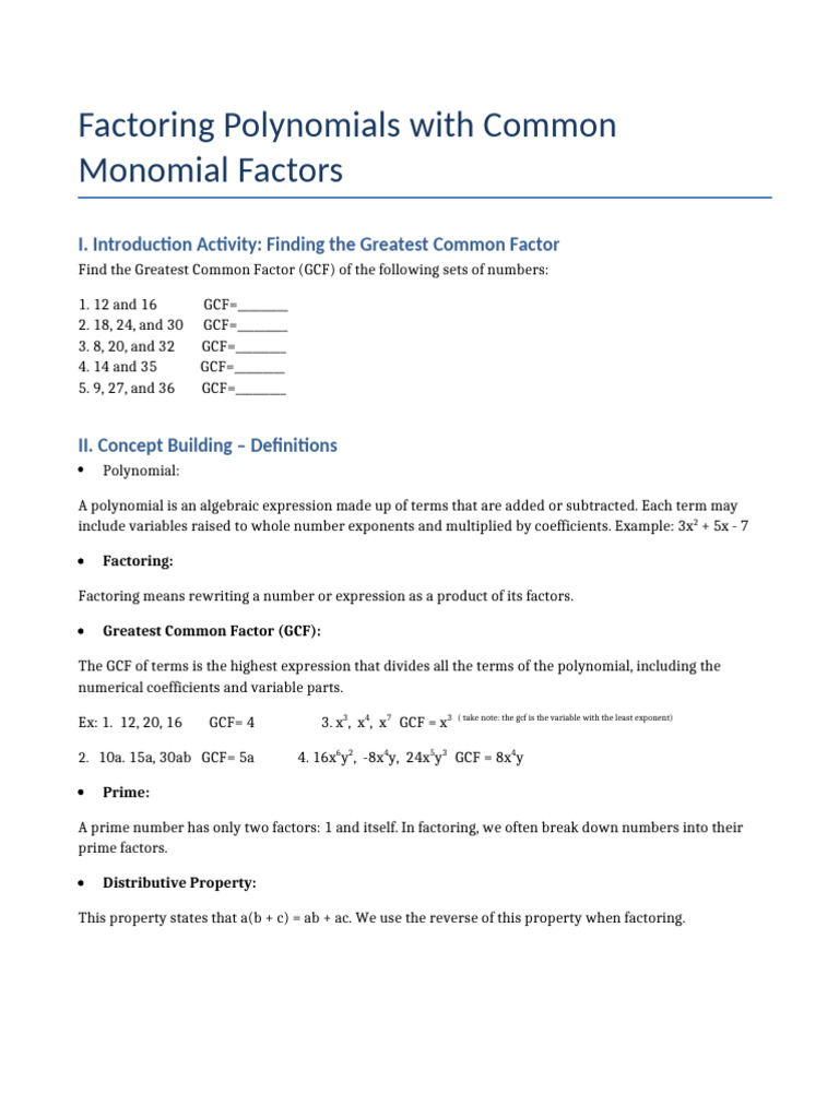 Factoring Polynomials: GCF Method Guide | PDF | Factorization | Polynomial