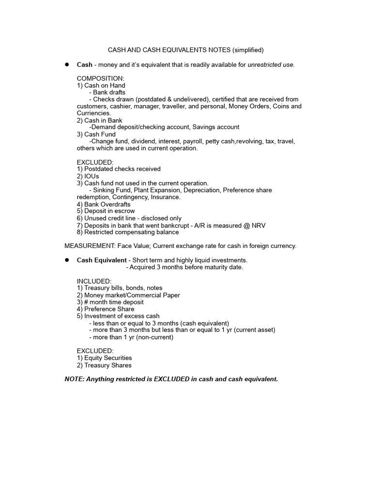 Cash and Cash Equivalents Notes Summary Simplified Compress | PDF ...