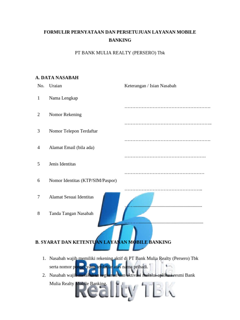Syarat Ketentuan Mobile Banking Bank Mulia Realty | PDF