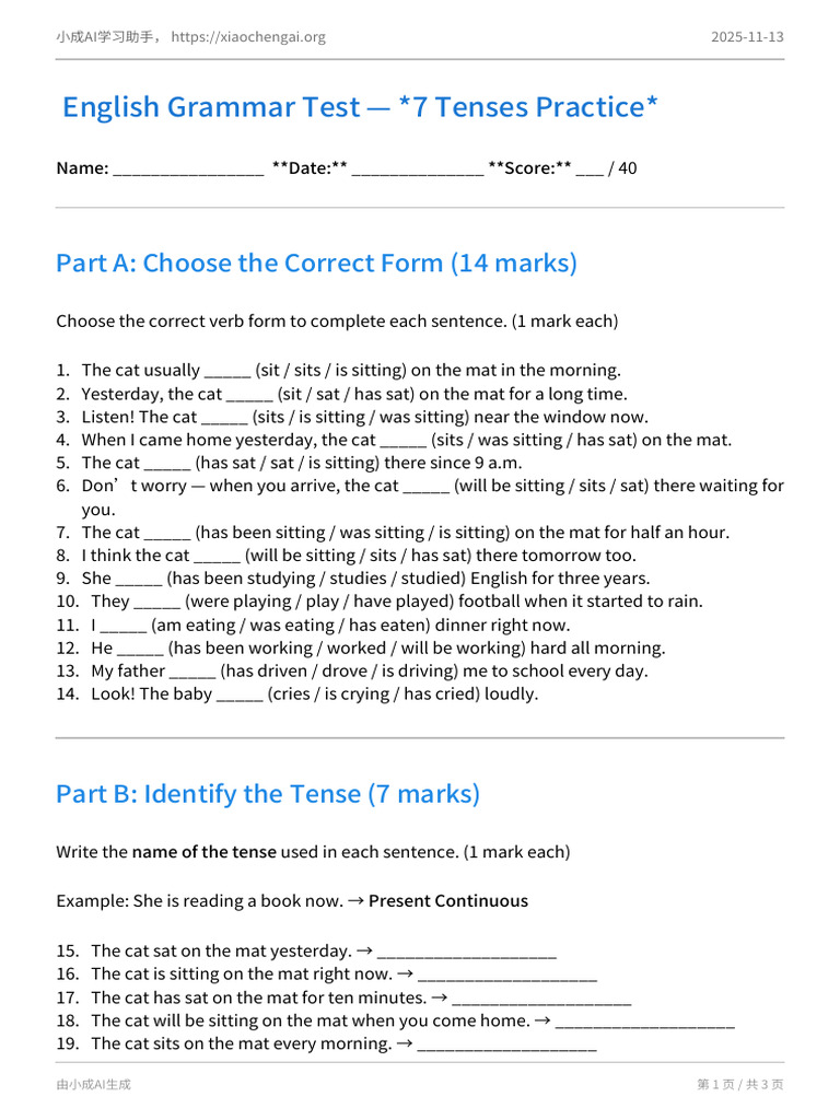 English Grammar Test: 7 Tenses Practice | PDF | Syntax | Grammar
