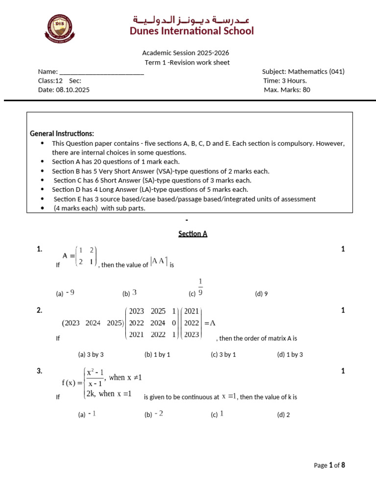 Mathematics Revision Worksheet Class 12 | PDF | Mathematical Concepts ...