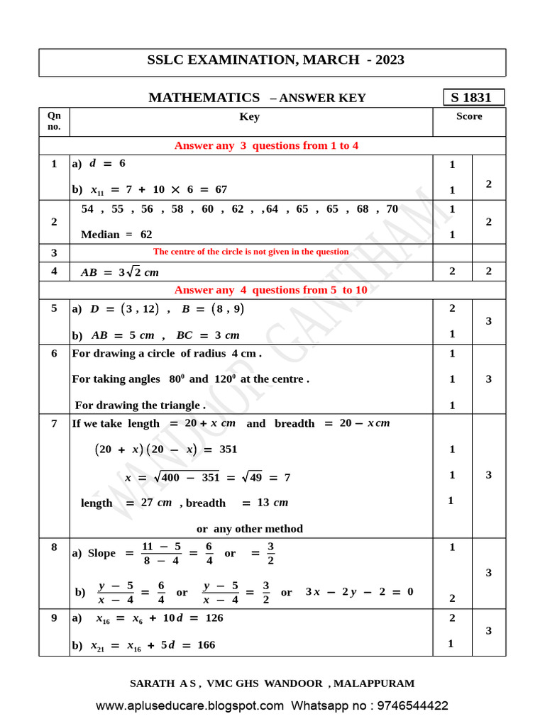 A+ BLOG-SSLC- ANNUAL EXAM 2023-MATHS ANS KEY EM 2 | PDF | Circle | Length