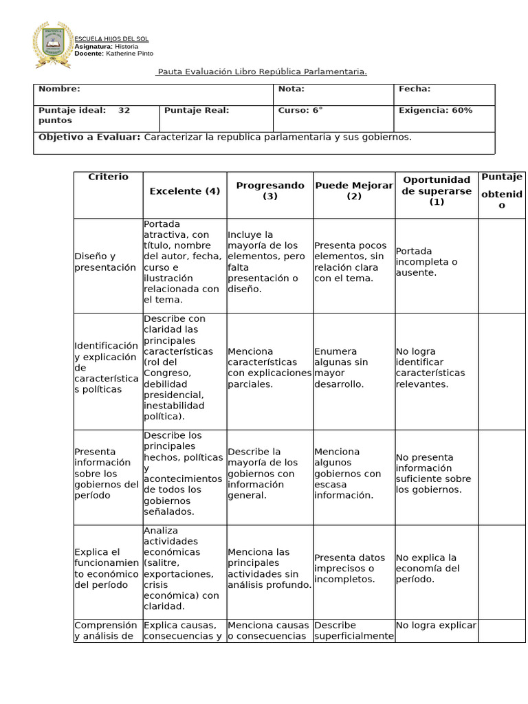 Pauta Libro Republica Parlamentaria 6° Básico | PDF