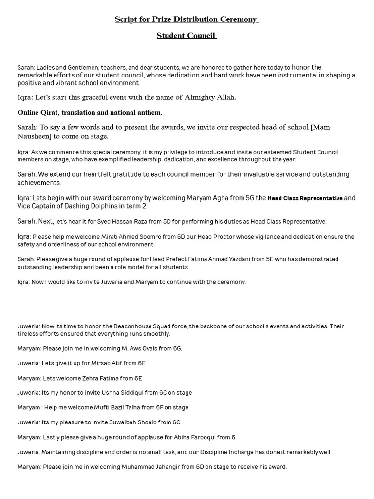 Prize Distribution Ceremony Script | PDF