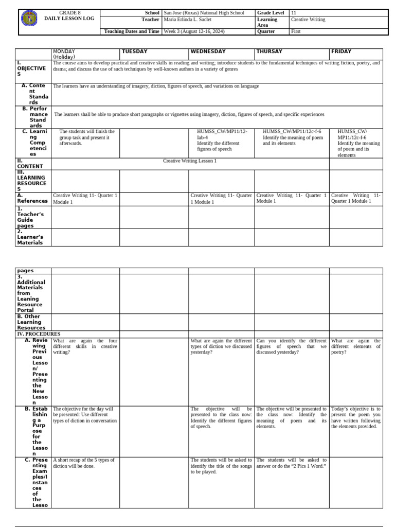 Grade 11 Creative Writing Lesson Plan | PDF | Poetry | Poetics