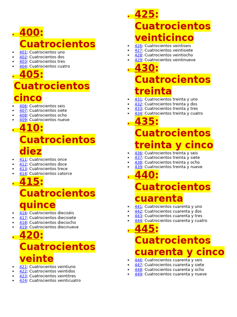 Números del 400 al 634 en español | PDF