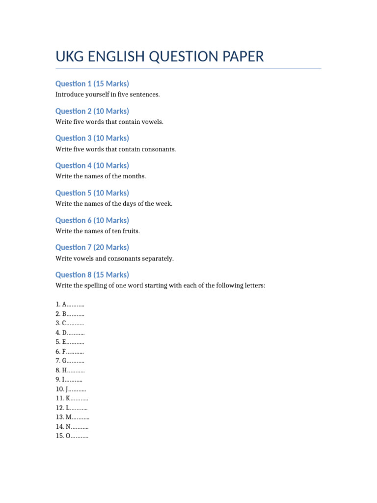 UKG English Question Paper | PDF