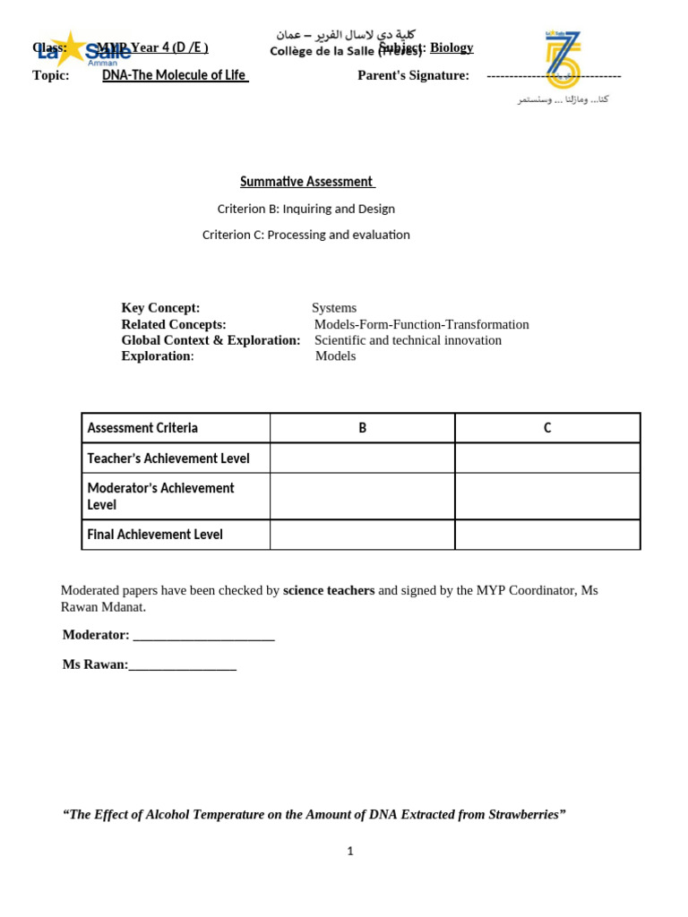 DNA Summative Criterion B and C Biology MYP Year 4 Unit 1 | PDF ...