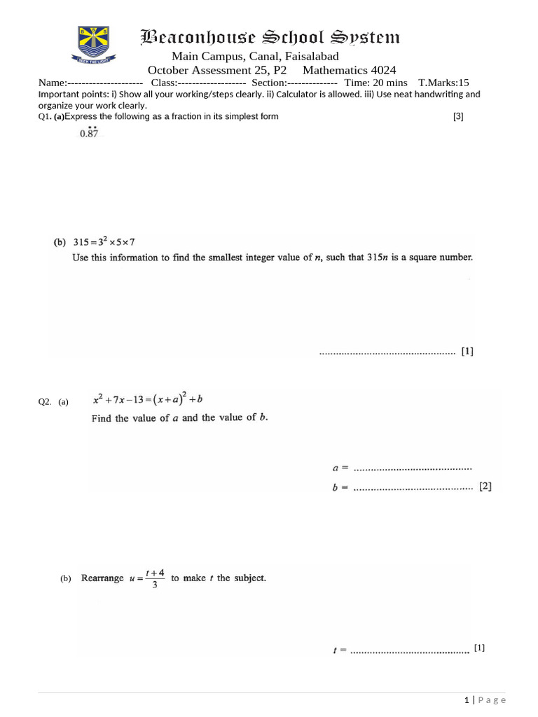 October Assessment 9th P2 | PDF