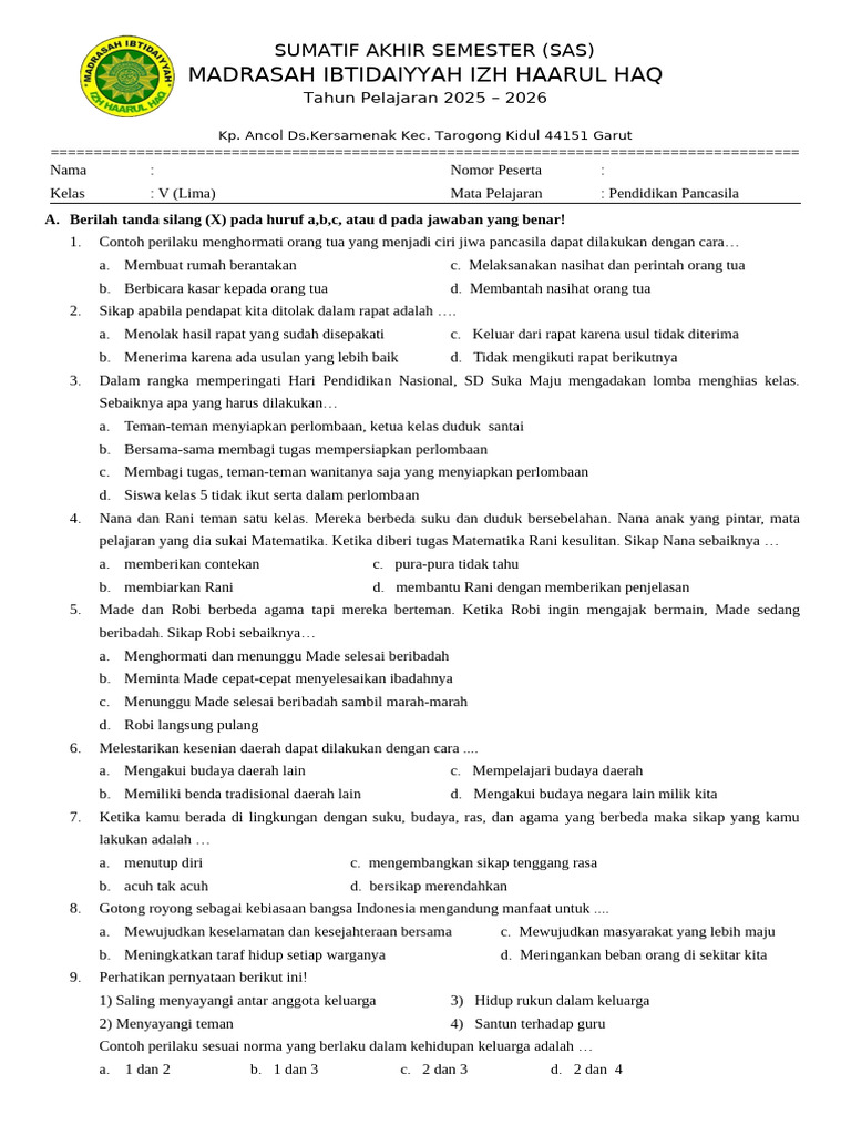 Soal SAS Pancasila Kelas 5 2025 2026 | PDF