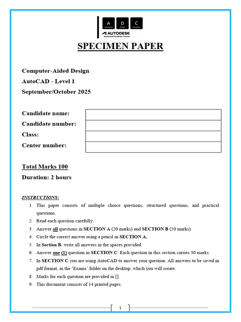 AutoCAD Level 1 Specimen Paper 2025 | PDF | 2 D Computer Graphics