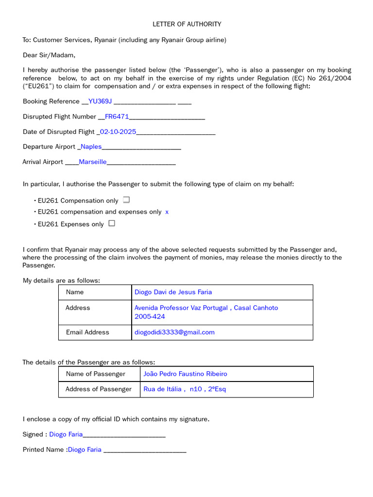 Ryanair EU261 Authority Letter Template | PDF