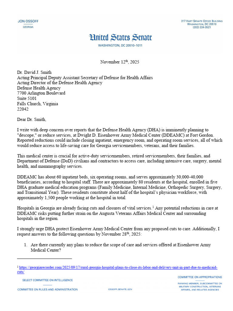 Sen. Jon Ossoff Letter To Acting Director David Smith | PDF | Hospital ...