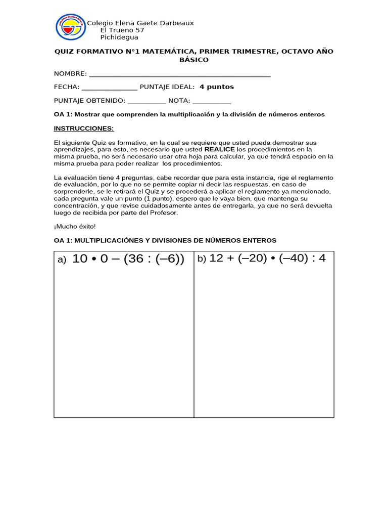 Quiz Formativo #1 Octavo - Primer Trimestre - Multiplicación y División ...