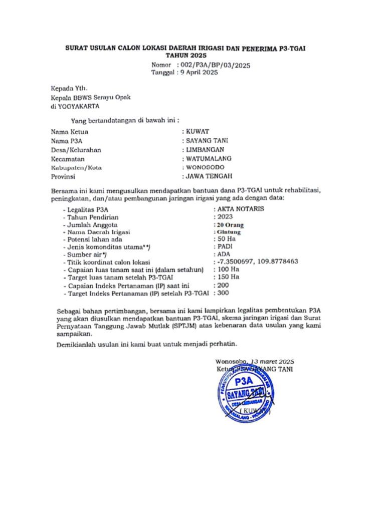 Surat Usulan, SPTJM Dan Skema Jaringan Desa Limbangan P3A Sayang Tani | PDF