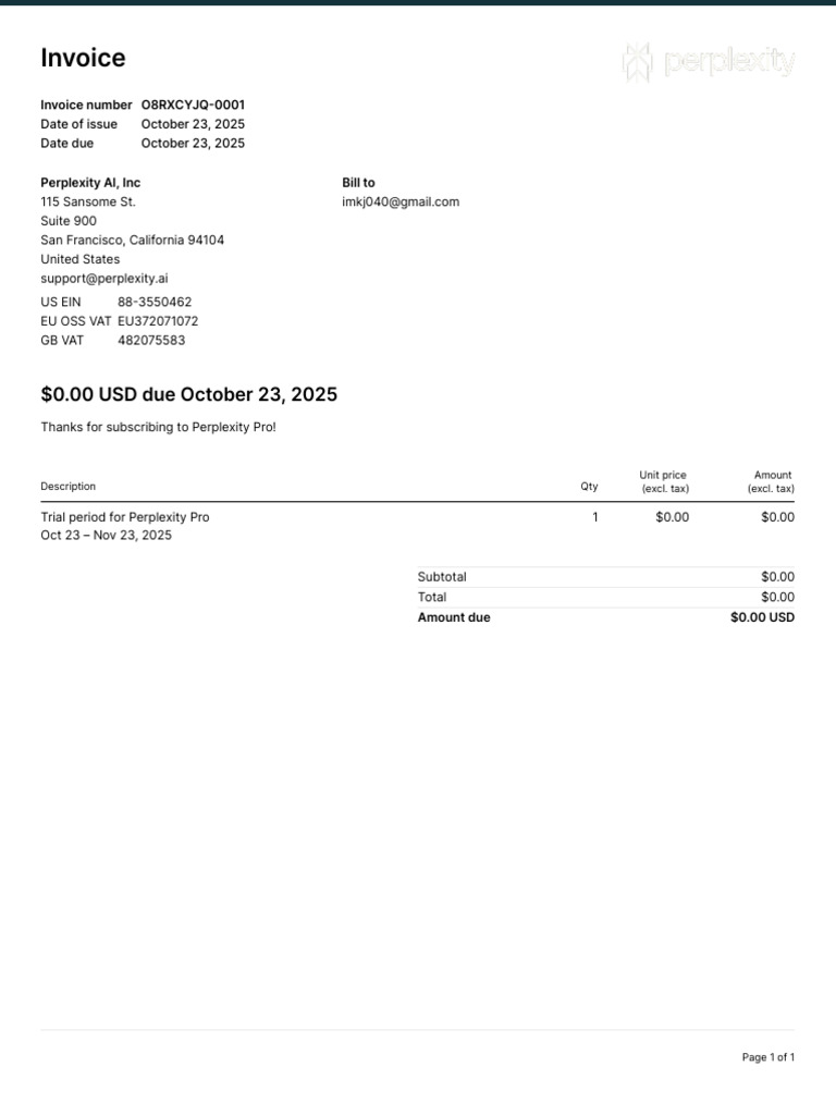 Perplexity Pro Subscription Invoice | PDF