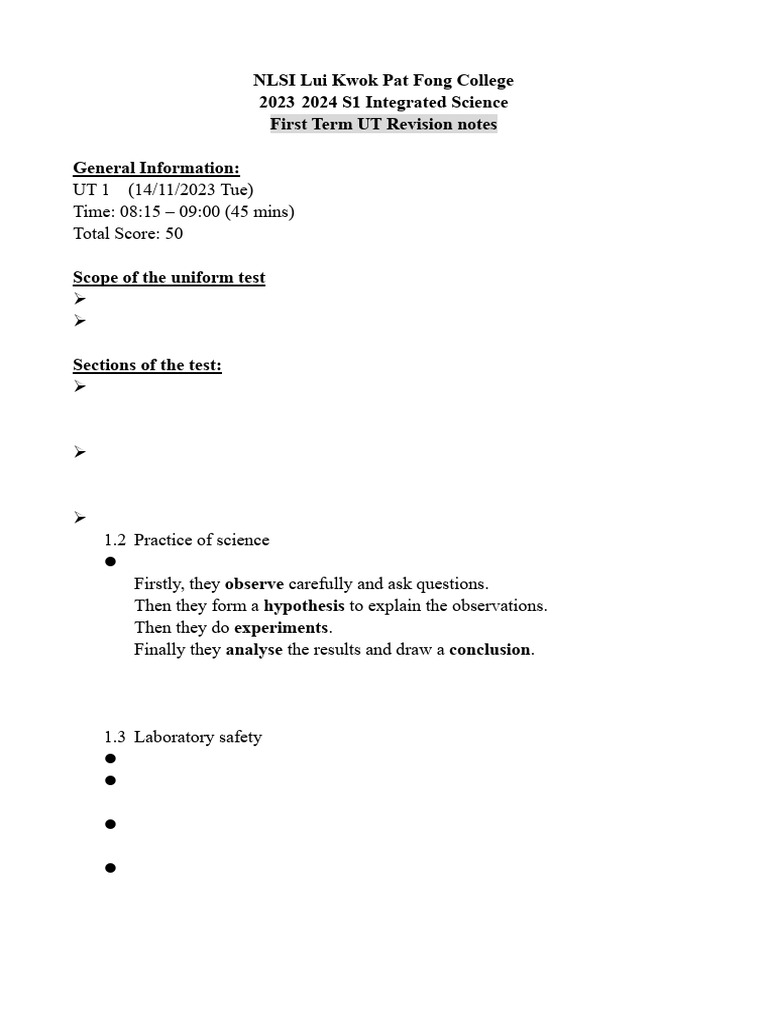 23-24 - S1 - Science Revision Guidlines For 1st Term UT | PDF | Life ...