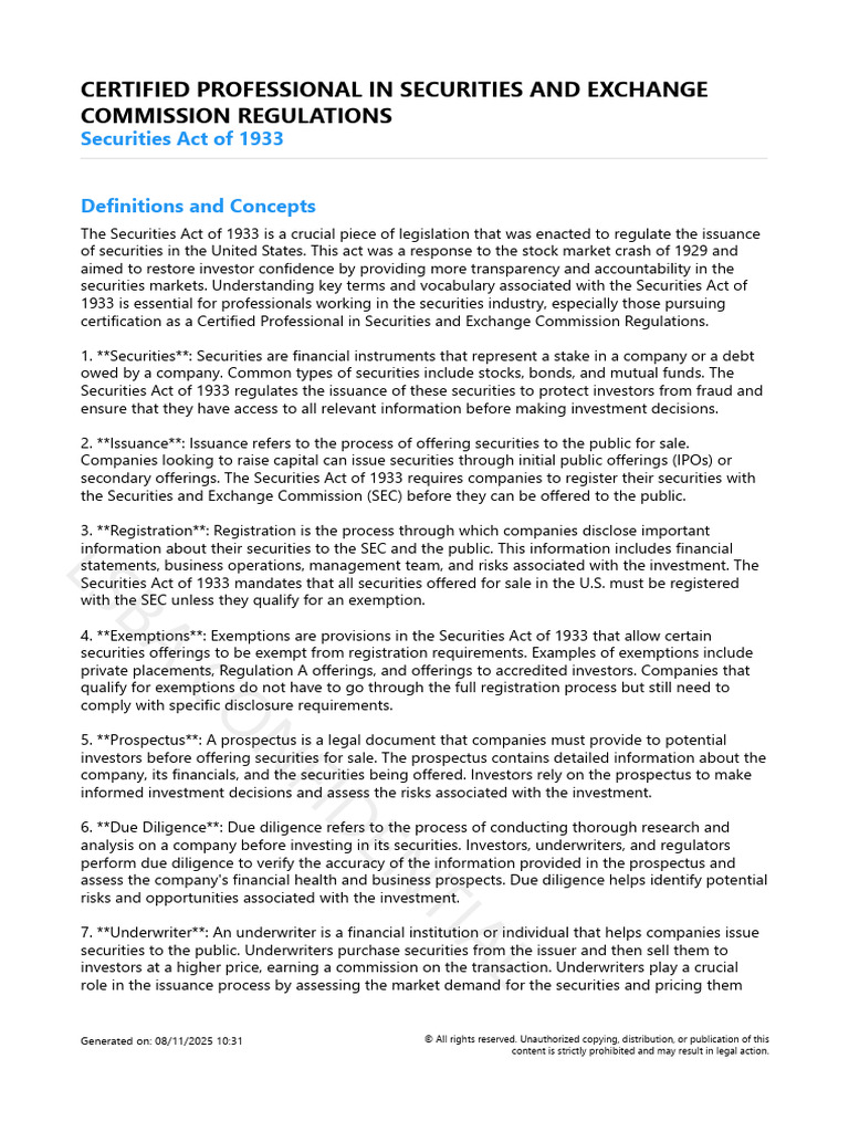 Securities Act of 1933 Definitions and Concepts | PDF | Securities Act Of 1933 | Securities ...