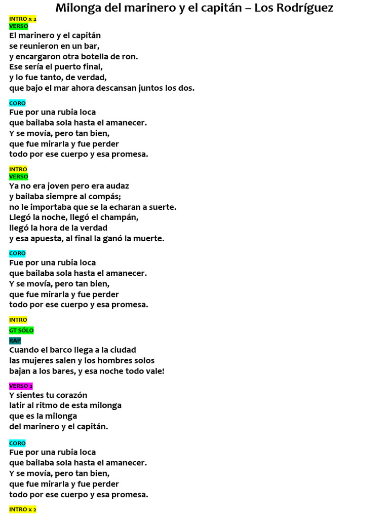 Milonga Del Marinero y El Capitán - Los Rodríguez (Letra) | PDF