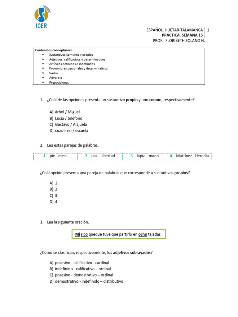 Práctica de Español: Sustantivos y Verbos | PDF | Adjetivo | Pronombre