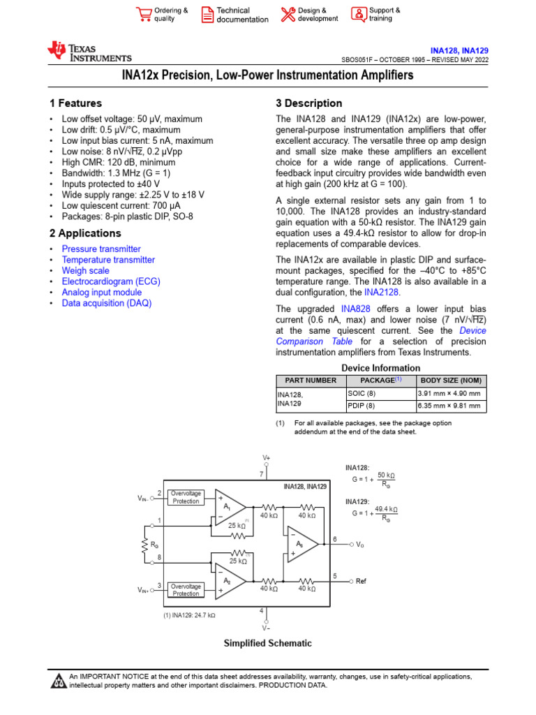 INA128 Amplifier Overview and Pinout | PDF | Amplifier | Electrostatic ...