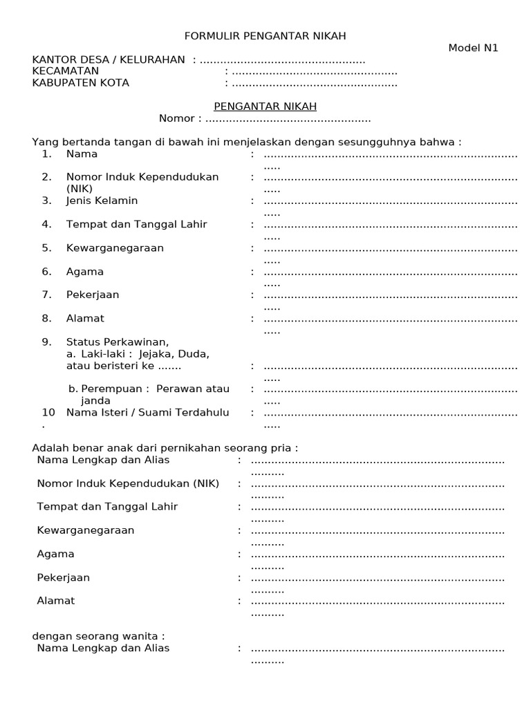 Formulir Pengantar Nikah Model N1 | PDF