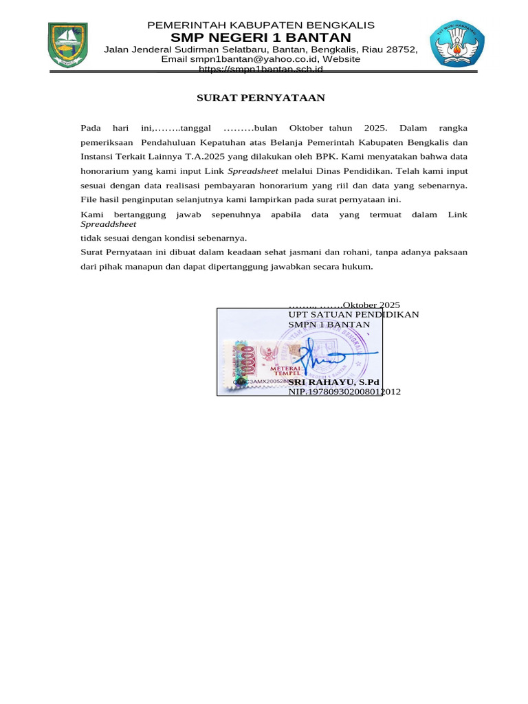 Contoh Form Surat Pernyataan Honor | PDF