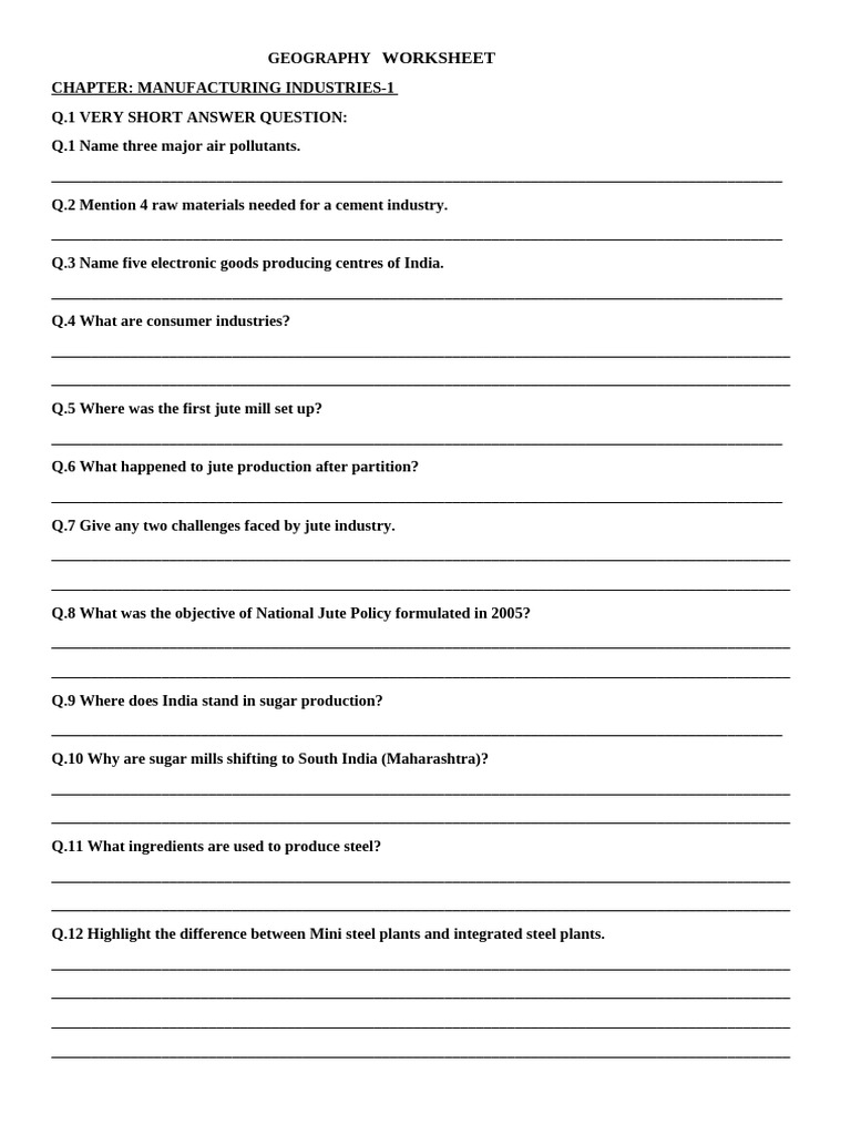 Manufacturing Industries Worksheet1 | PDF | Cotton | Textile Industry
