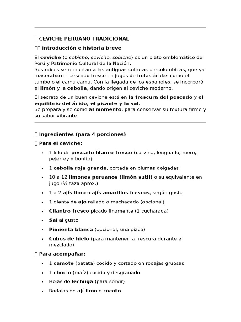 Receta de Ceviche Peruano Tradicional | PDF | Cocina occidental | Alimentos