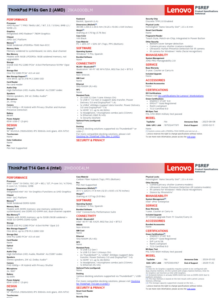 ThinkPad P16s Gen 2 AMD Specs Overview | PDF | Usb | Hdmi