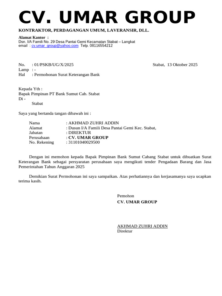 Permohonan Surat Keterangan Bank CV. Umar Group | PDF