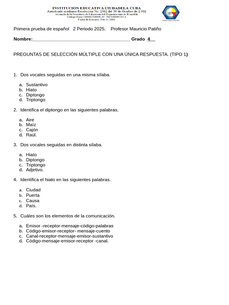 Prueba de Español: Diptongos y Hiatos | PDF