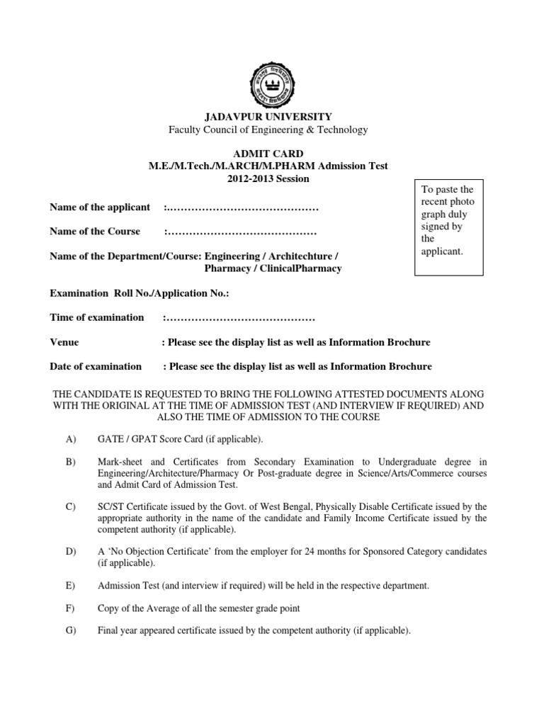 Jadavpur University M.E./M.Tech. Admit Card | PDF | Technology ...