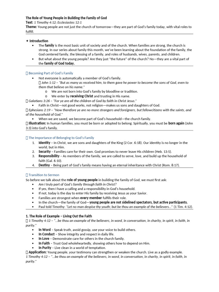 The Role of Young People in Building The Family of God | PDF | Jesus ...