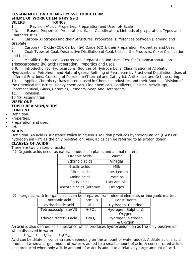 Lesson Note On Chemistry SS1 Third Term | PDF | Ph | Hydroxide