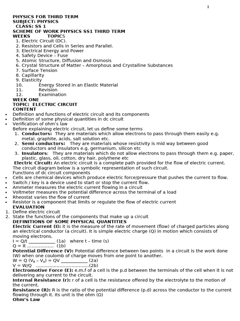 Lesson Note On Physics SS1 Third Term | PDF | Crystal Structure | Gases