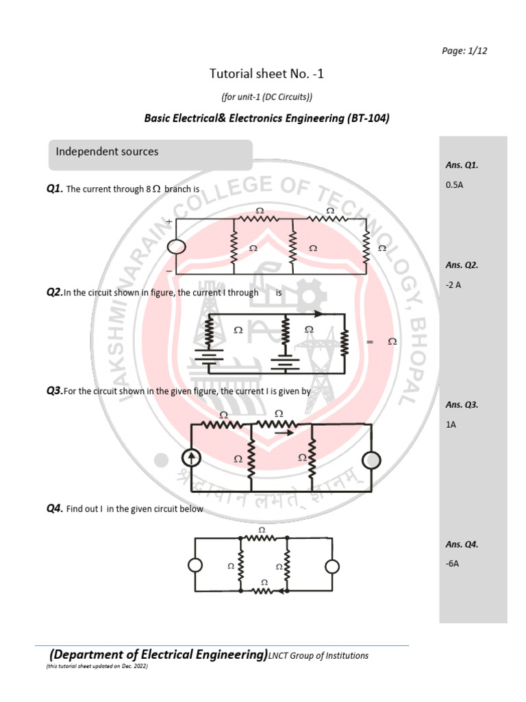 Tutorial Sheets BEEE (BT-104) (Unit Wise) (UNIT-1) (DC Circuits) DEC 2022 | PDF | Electronic ...