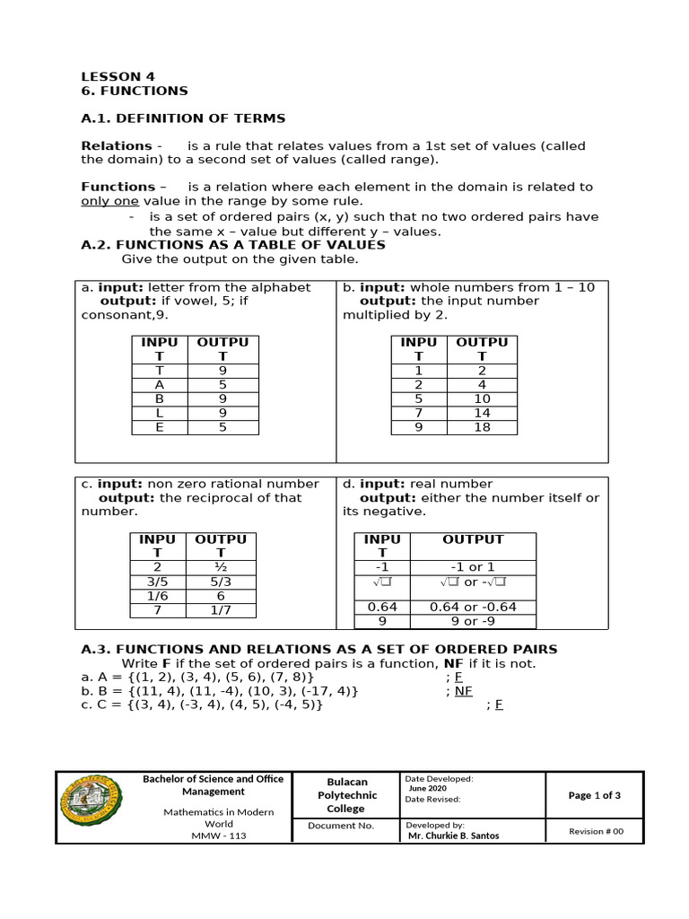 Chapter 2 Lesson 4 | PDF | Function (Mathematics) | Mathematical Concepts
