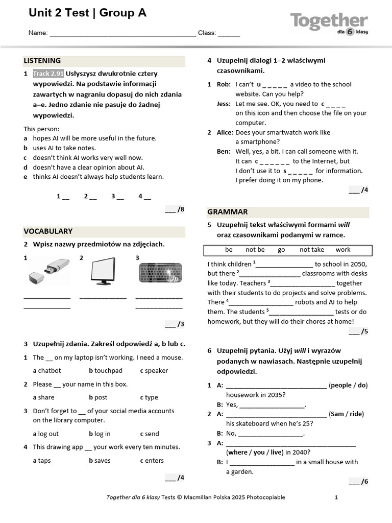 Unit 2 Test for Class 6 Together | PDF | Artificial Intelligence ...