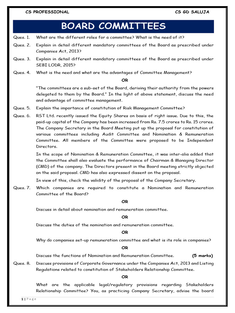 Board Committees and Corporate Governance | PDF | Audit Committee ...