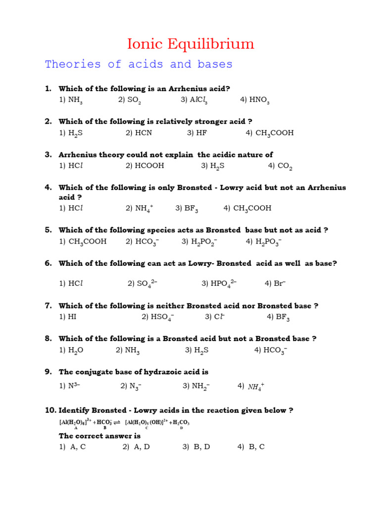Ionic Equilibrium: Acids and Bases Quiz | PDF | Acid | Ph